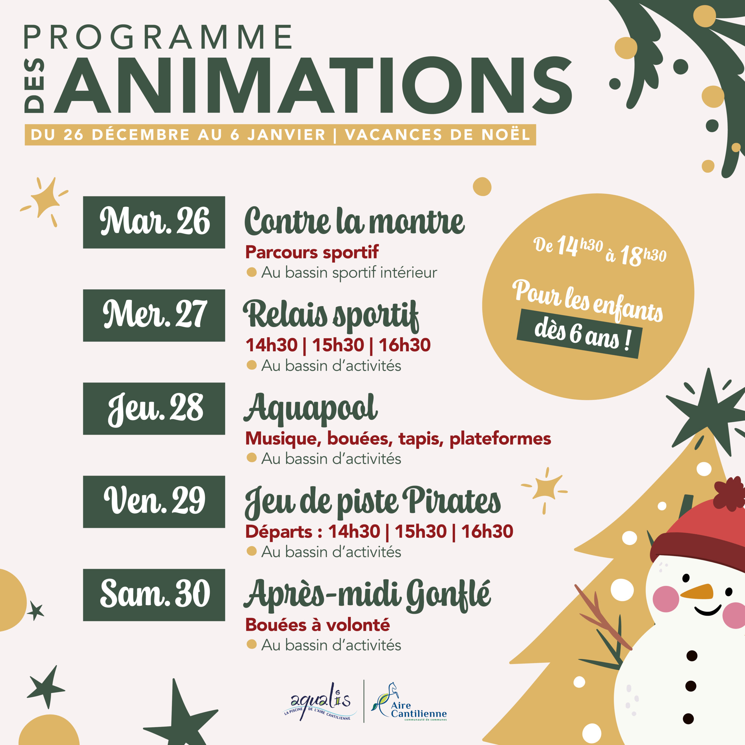 Programme animations Vacances de Noël - Piscine intercommunale AQUALIS